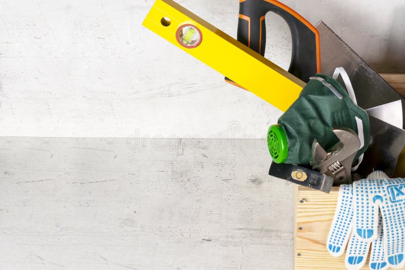 Wooden Box with Construction Tools on a Light Concrete Background ...