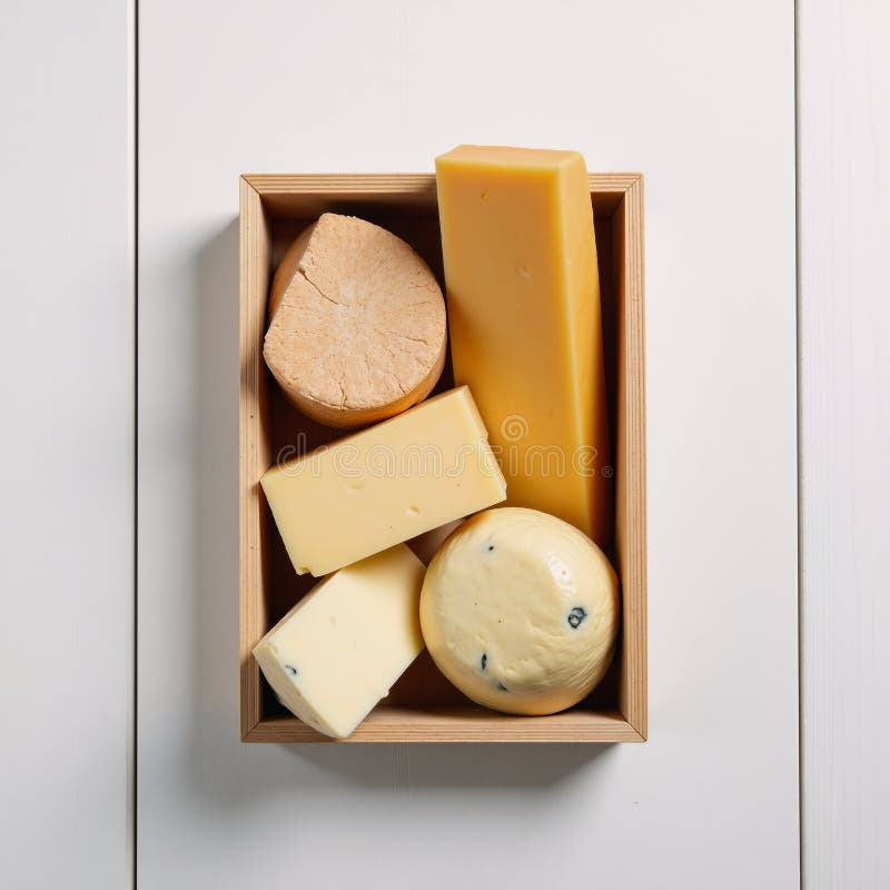 Wooden Box Containing Various Cheeses on a White Wooden Table Top View ...