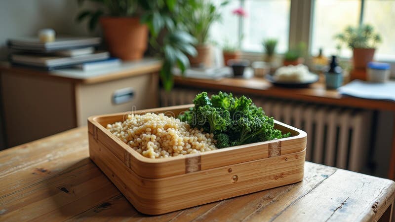 Wooden Box with Cooked Couscous and Fresh Kale on Table Near Window ...