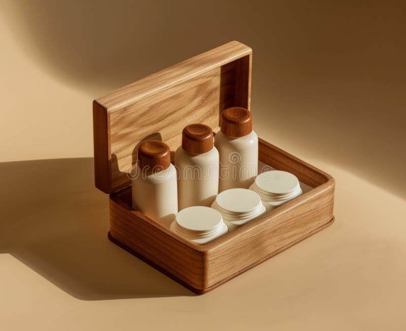 Wooden Box with Cosmetics. Empty Templates of Plastic Containers for ...