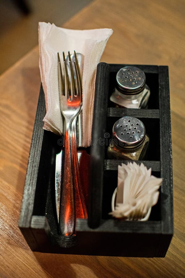 Wooden Box for Cutlery for a Cafe. Selection of Cutlery and Spices on a ...