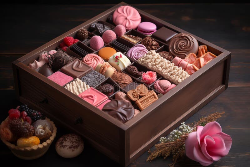 Wooden Box with Different Types of Sweets and Pastries. Ai Generative ...