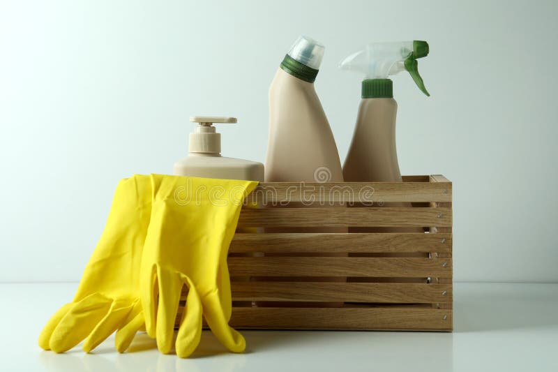 Wooden Box with Eco Friendly Cleaning Tools on White Table Stock Image ...
