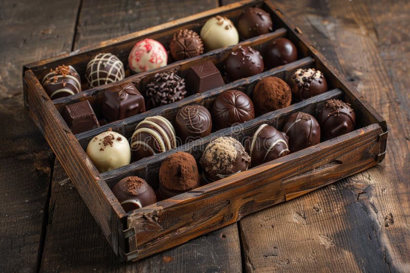 A Wooden Box Filled with Assorted Chocolates Stock Photo - Image of ...