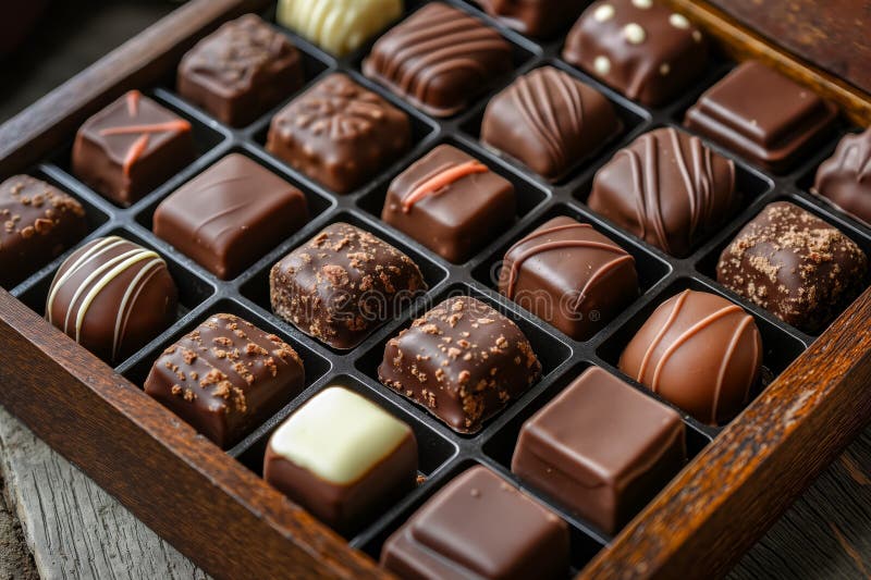 A Wooden Box Filled with Assorted Chocolates on Top of a Table Stock ...