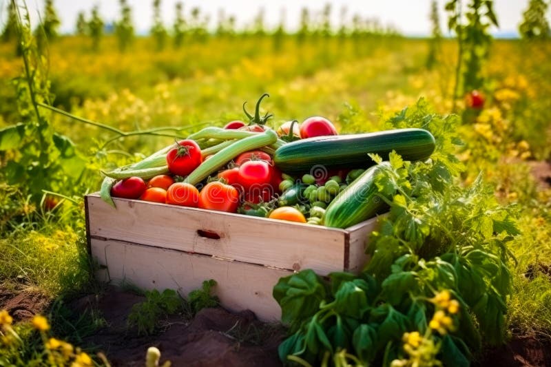 Wooden Box Filled with Lots of Different Types of Vegetables in Field ...
