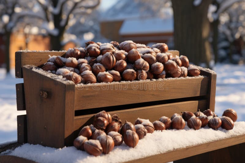 A Wooden Box Filled with Nuts Covered in Snow. Stock Illustration ...