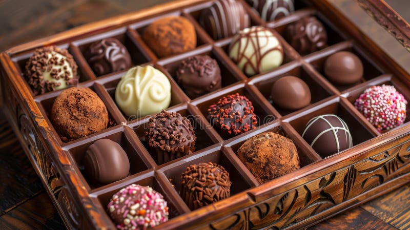 A Wooden Box Filled with a Variety of Chocolate Candies Stock Image ...
