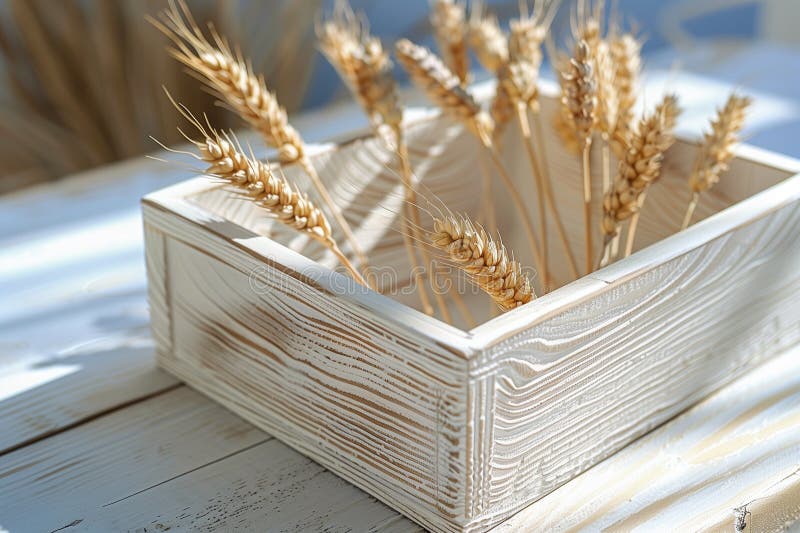Wooden Box Filled with Wheat on Table Stock Photo - Image of harvest ...