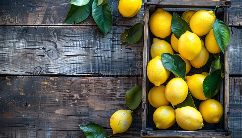 Wooden Box of Fresh Lemons with Leaves on a Wooden Background, Top View ...
