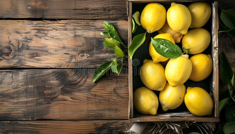 Wooden Box of Fresh Lemons with Leaves on a Wooden Background, Top View ...