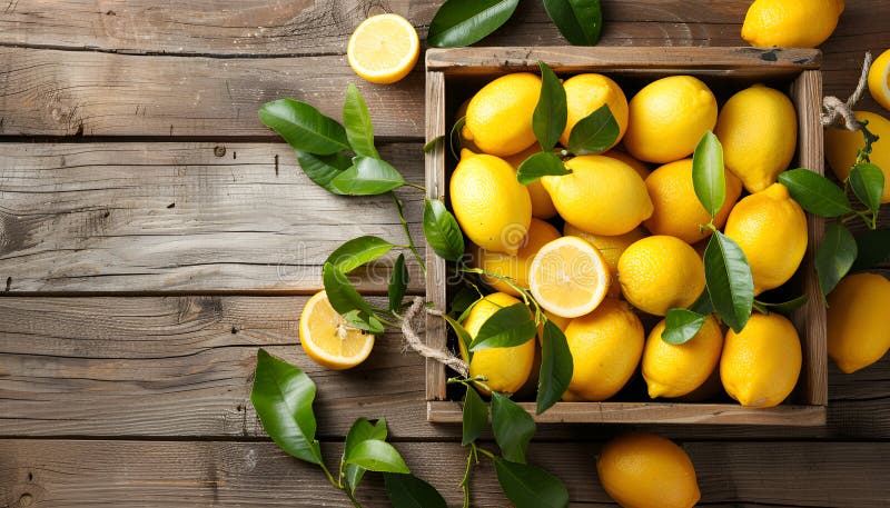 Wooden Box of Fresh Lemons with Leaves on a Wooden Background, Top View ...