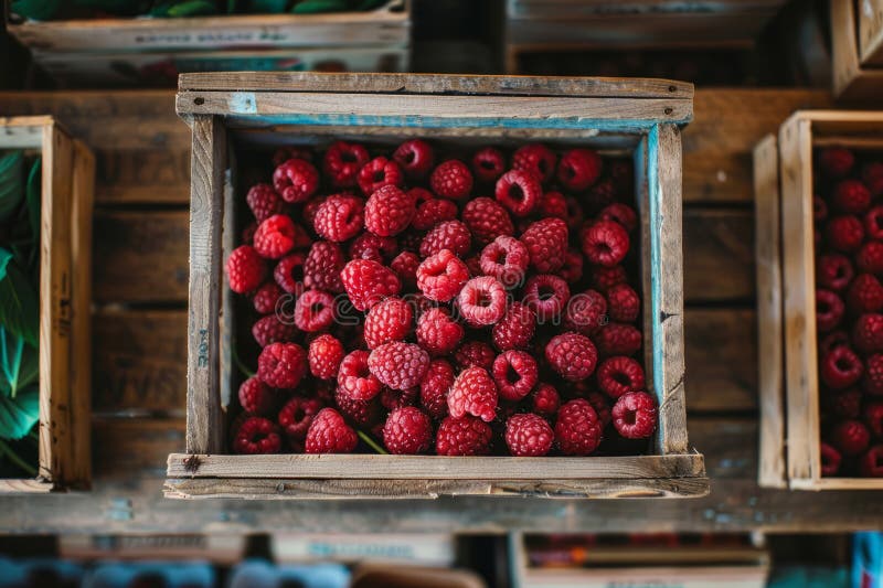 Wooden Box with Fresh Raspberries. Generative AI Stock Photo - Image of ...
