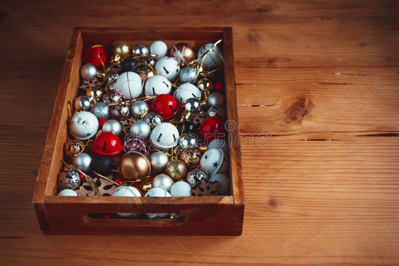 Wooden Box Full of Christmas Decorative Elements, Bows, Toys Stock ...