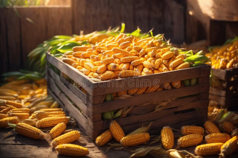 Wooden Box Full of Fresh Corn, Farm Animal Feed Stock Illustration ...