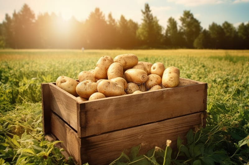 Wooden Box Full of Potatoes in a Field. Generative AI Stock Photo ...