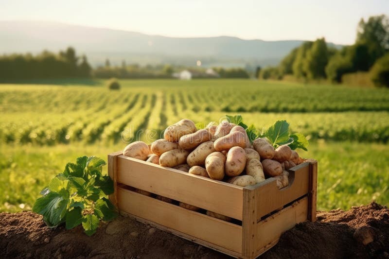 Wooden Box Full of Potatoes in a Field. Generative AI Stock Image ...