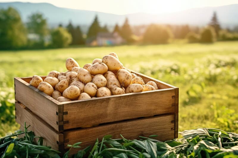 Wooden Box Full of Potatoes in a Field. Generative AI Stock ...