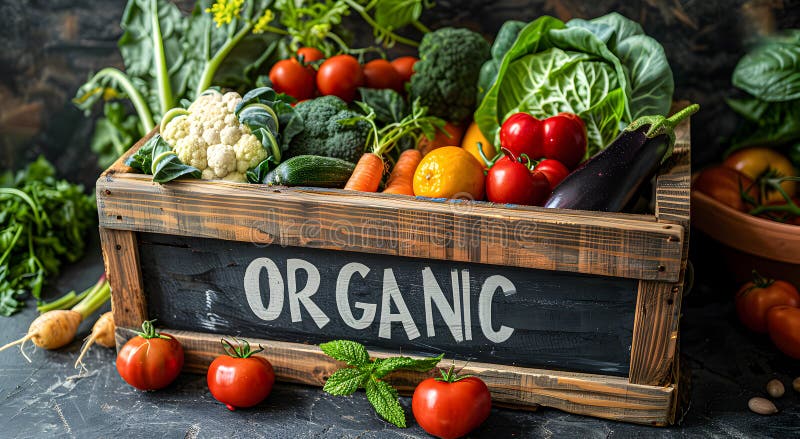 A Wooden Box Labeled ORGANIC with a Selection of Freshly Picked Organic ...