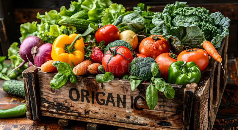 A Wooden Box Labeled ORGANIC with a Selection of Freshly Picked Organic ...
