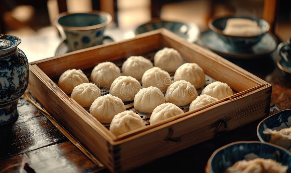 A Wooden Box with Many Dumplings Inside Stock Photo - Image of cuisine ...