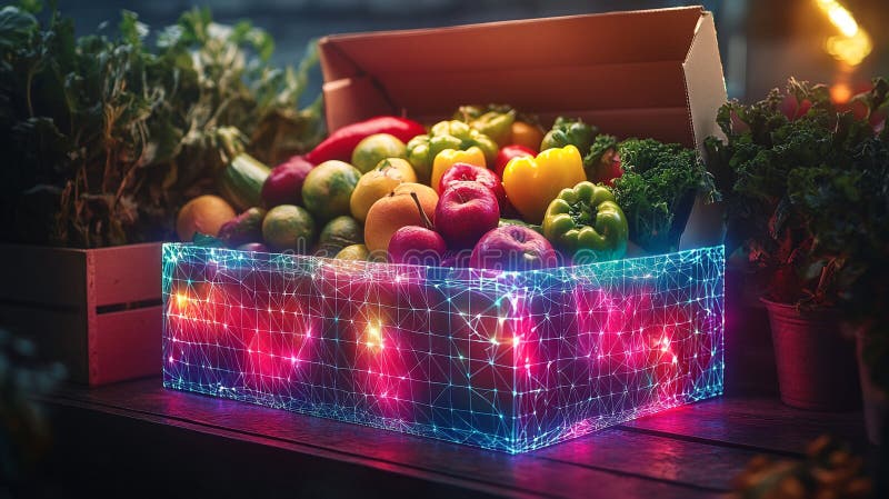 Colorful Assortment of Fresh Fruits and Vegetables Displayed in a Glowing Box. Generative AI ...