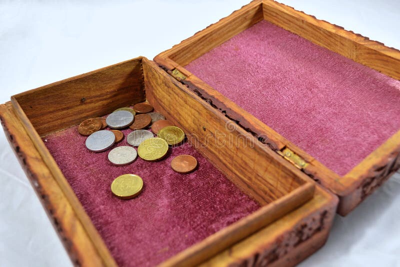 Wooden Box with Red Carpet and Coins Stock Image - Image of carpet ...