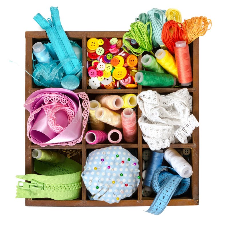 Wooden Box with Sewing Accessories Stock Photo - Image of measuring ...