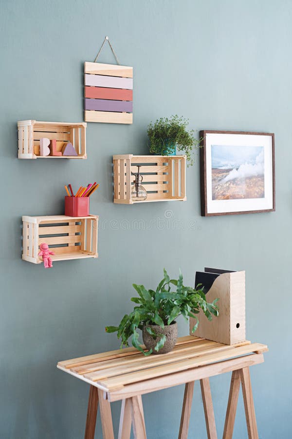 Wooden Box Shelves with Decorations on the Wall, Natural Decor Concept ...