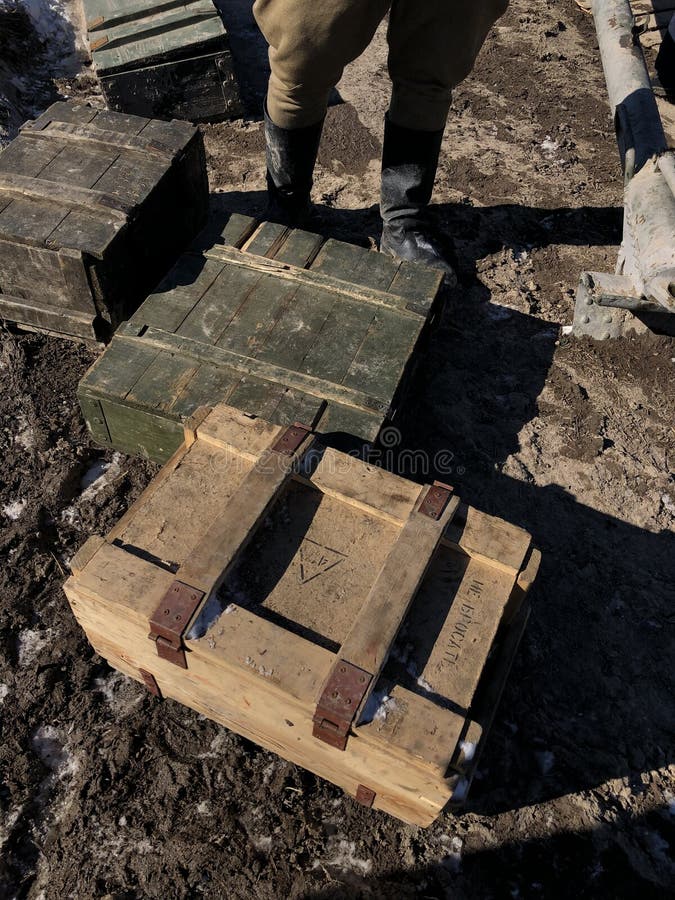 Wooden Boxes with Ammunition on the Ground Stock Photo - Image of army ...
