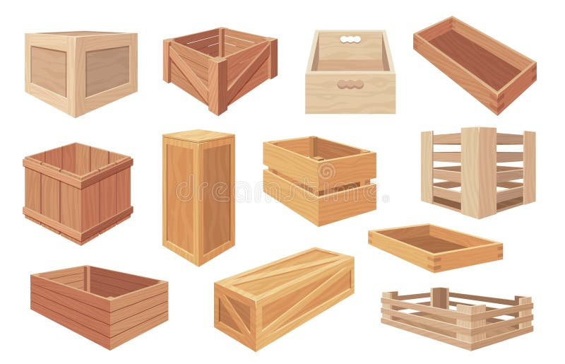 Wooden Boxes. Cartoon Wooden Crates and Packages, Closed and Open ...
