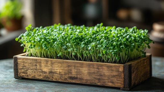 Wooden Boxes with Fresh Micro Green Sprouts on Light Table Stock Image ...