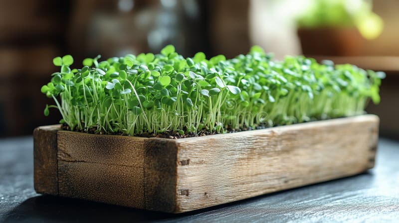 Wooden Boxes with Fresh Micro Green Sprouts on Light Table Stock Photo ...