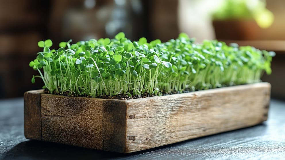 Wooden Boxes with Fresh Micro Green Sprouts on Light Table Stock Photo ...
