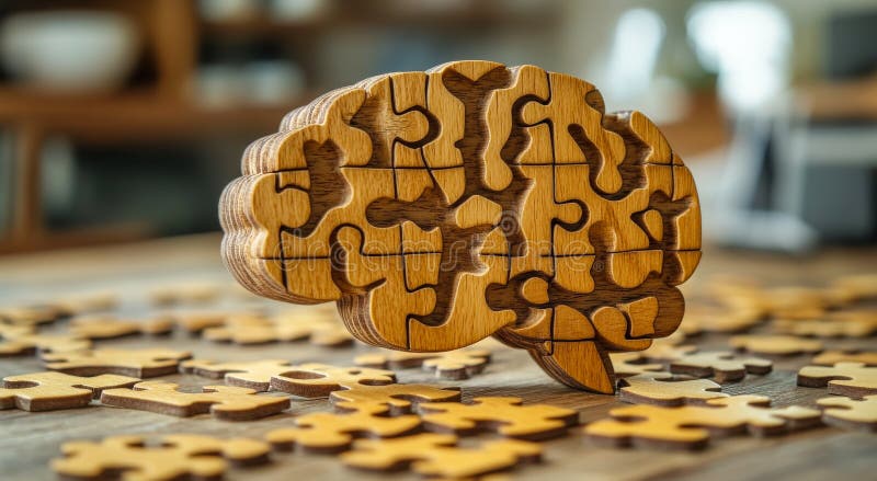 A Wooden Brain Puzzle Piece is on a Table with Other Puzzle Pieces ...
