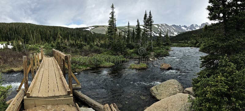Wooden Bridge Across Mountain River Stock Photo - Image of nature ...