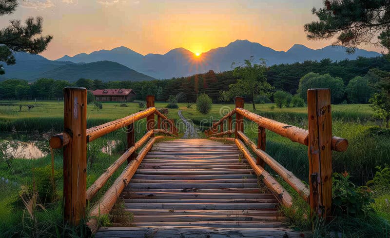 Wooden Bridge and Beautiful Sunset in the Mountains Stock Photo - Image ...