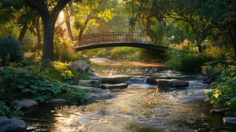A Wooden Bridge Crosses Over a Calm Stream in a Peaceful Park Setting ...