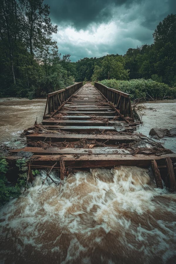 A Wooden Bridge Crossing a Muddy River Beneath a Cloudy Sky Stock Image ...