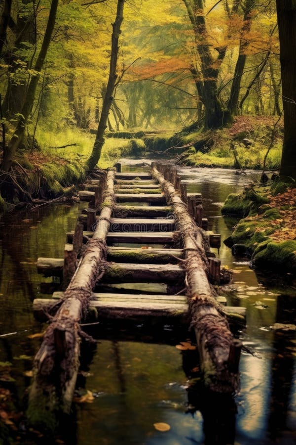 Wooden Bridge Crossing a Serene Stream Stock Illustration ...
