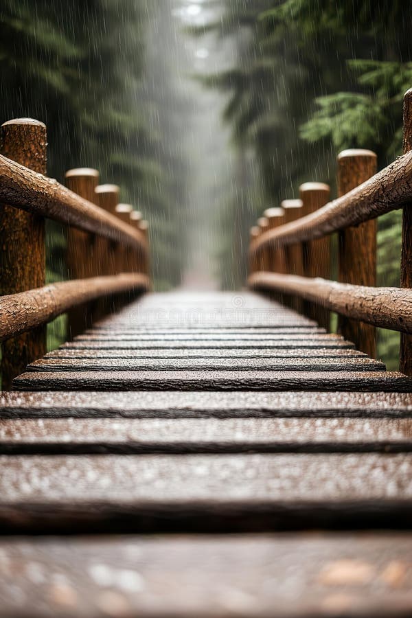 A Wooden Bridge in a Dense Forest during a Rainy Day, with Raindrops ...