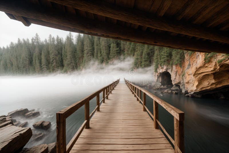 A Wooden Bridge Extending Over a Chasm Filled with Swirling Mist Stock ...