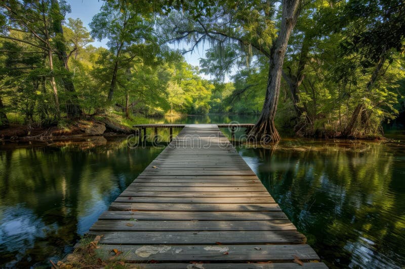 A Wooden Bridge Extends Over a River Surrounded by Trees, a Rustic ...
