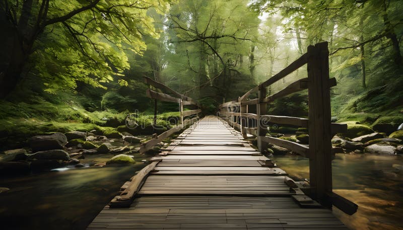 A Wooden Bridge in the Forest Stock Illustration - Illustration of ...