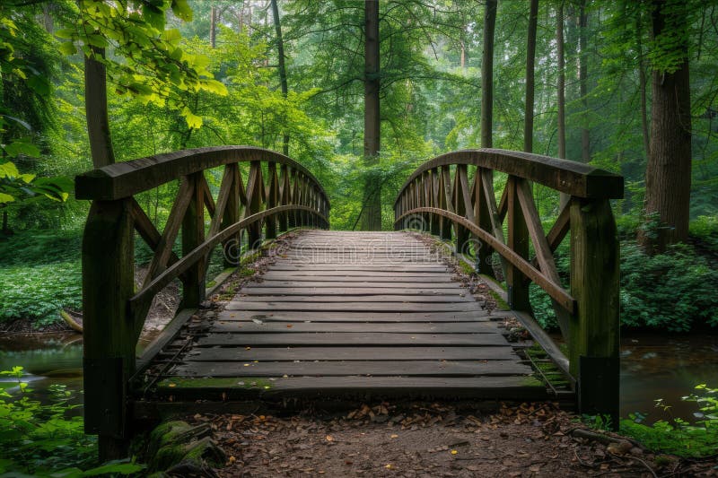 Wooden Bridge Gracefully Arching Over a Tranquil Stream in a Dense ...