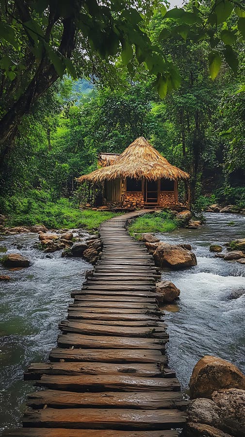Wooden Bridge Jungle Hut stock photo. Image of vacation - 380799872