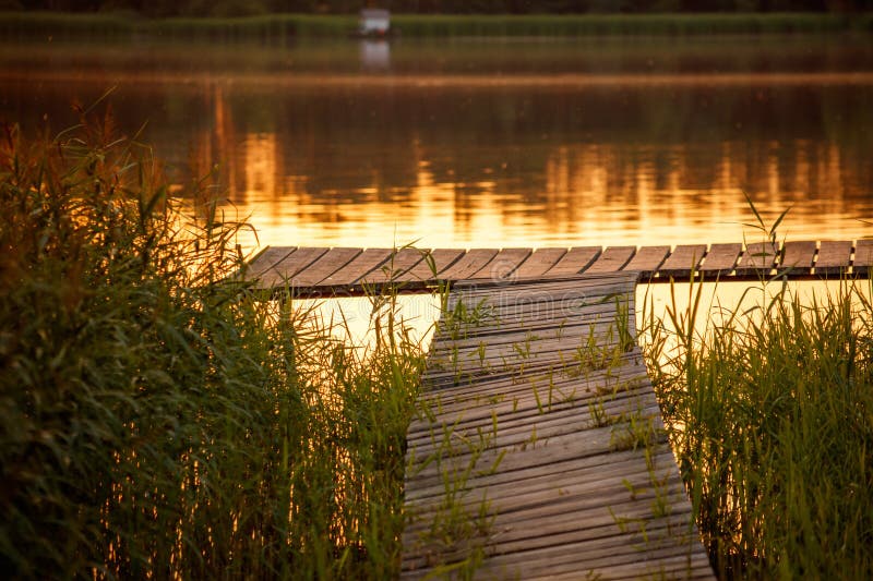Wooden Bridge on the Lake at Sunset Stock Photo - Image of nature ...