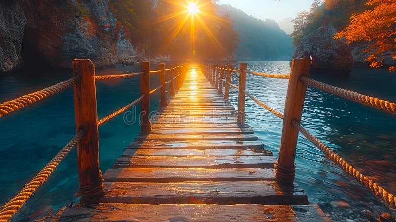 A Wooden Bridge Leading To a Lake at Sunset Stock Photo - Image of rope ...