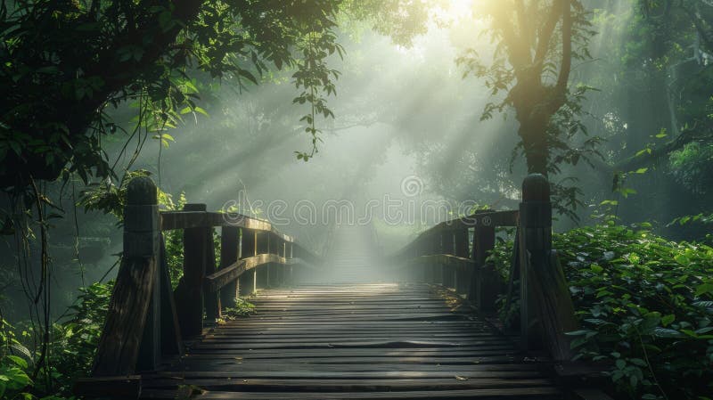 Wooden Bridge in Misty Forest with Sun Rays, Serene Nature Scene Stock ...