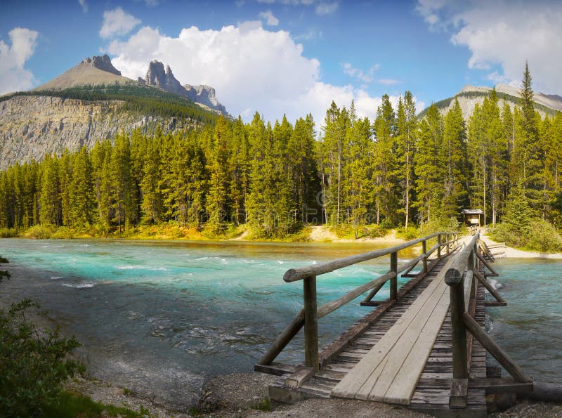 Hanging Wooden Bridge Over Mountain River Stock Photo - Image of path ...